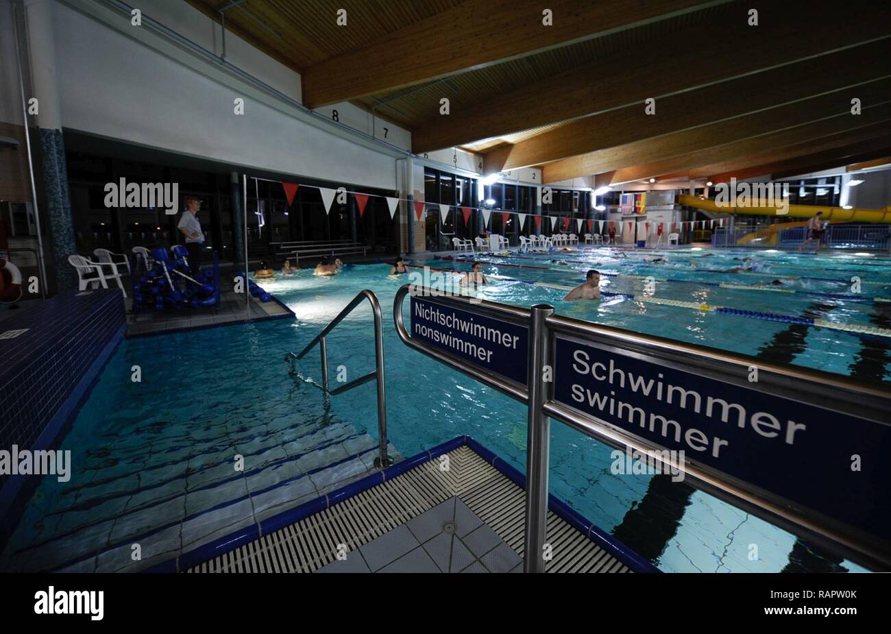 Swim class participants do exercises at the Aquatic Center on Ramstein Air Base, Germany, Feb ...