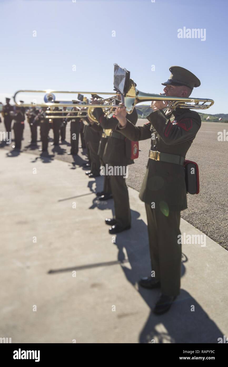 U.S. Marines with the 1st Marine Division band perform during a change ...