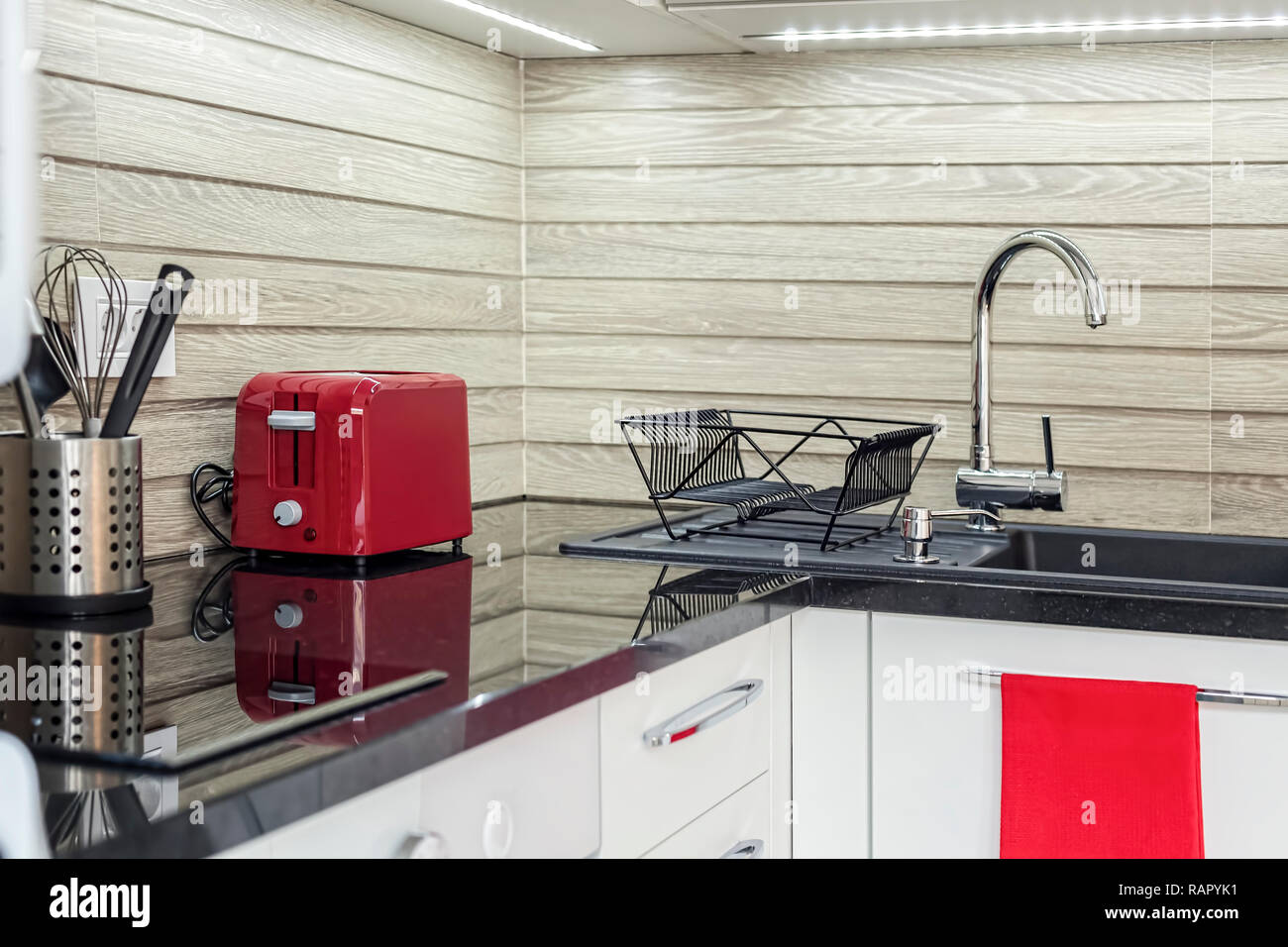 Detail of interior of modern kitchen with toaster and kitchenware Stock ...