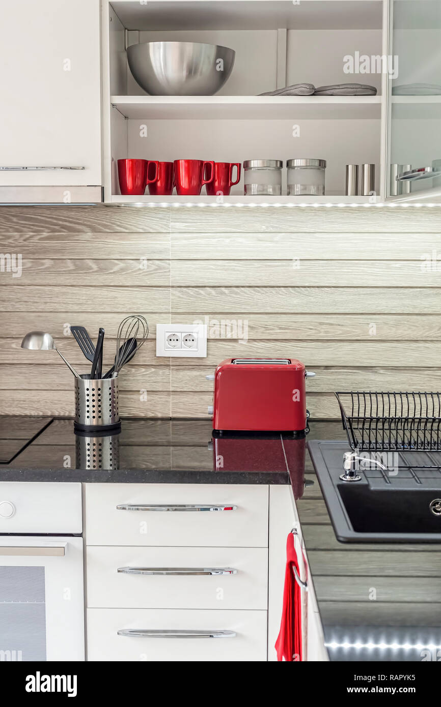 Detail of interior of modern kitchen with toaster and kitchenware Stock ...