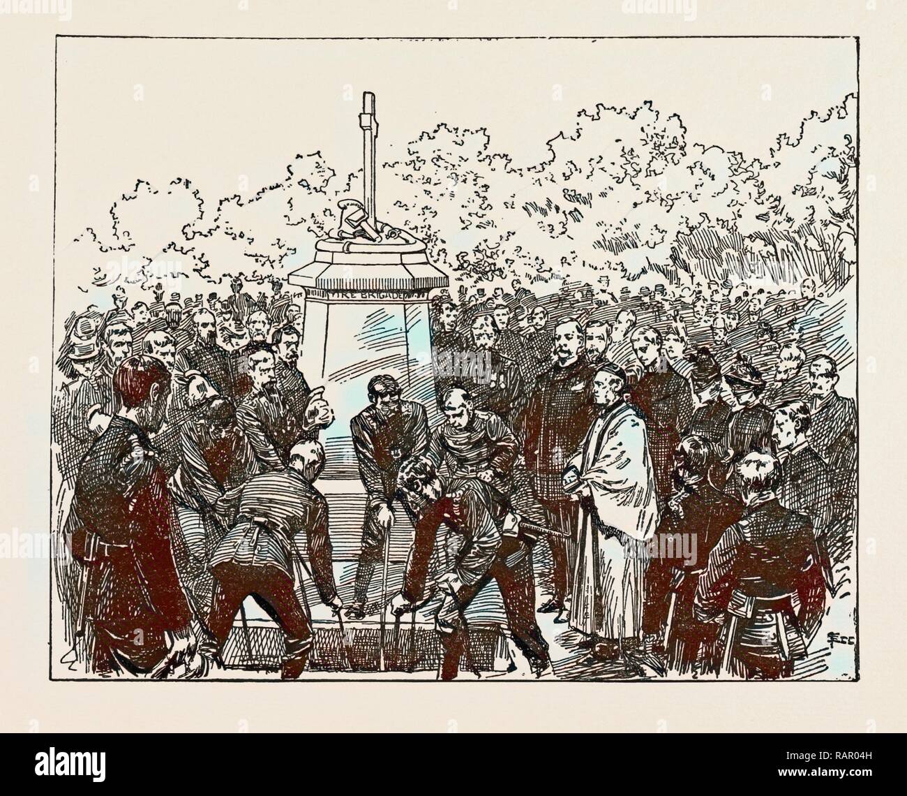 THE FUNERAL OF FIREMAN JACOBS, UK, 1889. Reimagined by Gibon. Classic ...