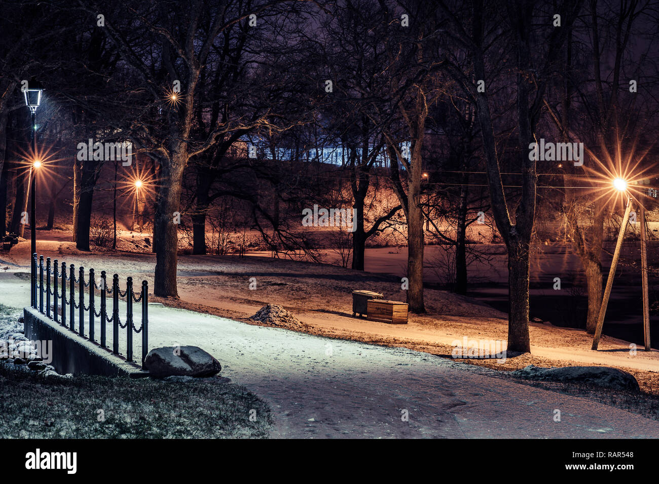 Moody Photo of the Park at Night in the Winter - Snow Covering the ...