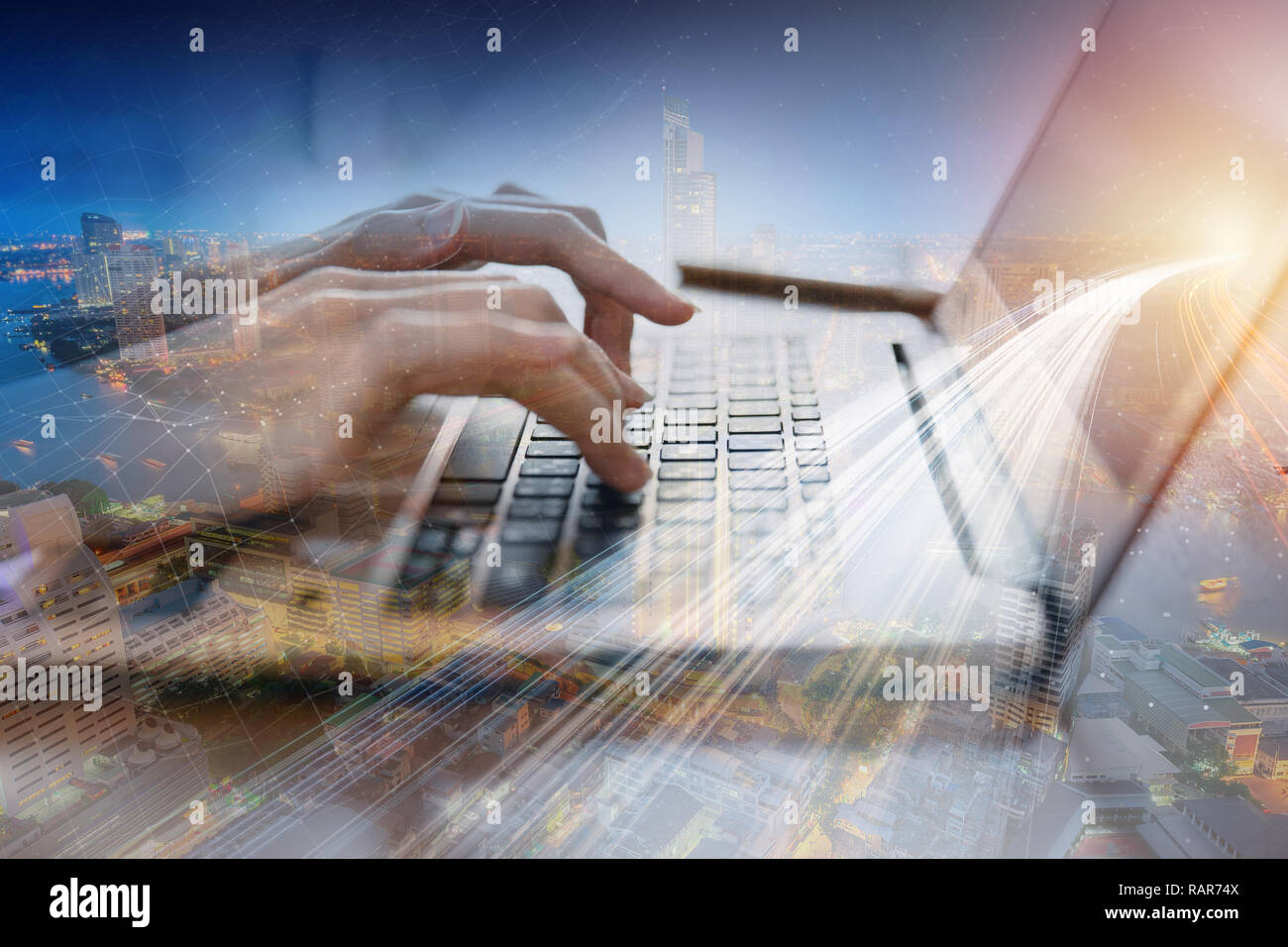 closeup hand using computer laptop with overlay fast speed ...