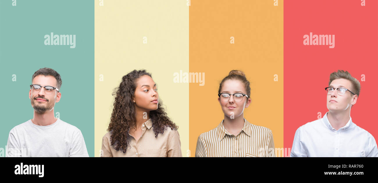 Collage of a group of people isolated over colorful background smiling ...