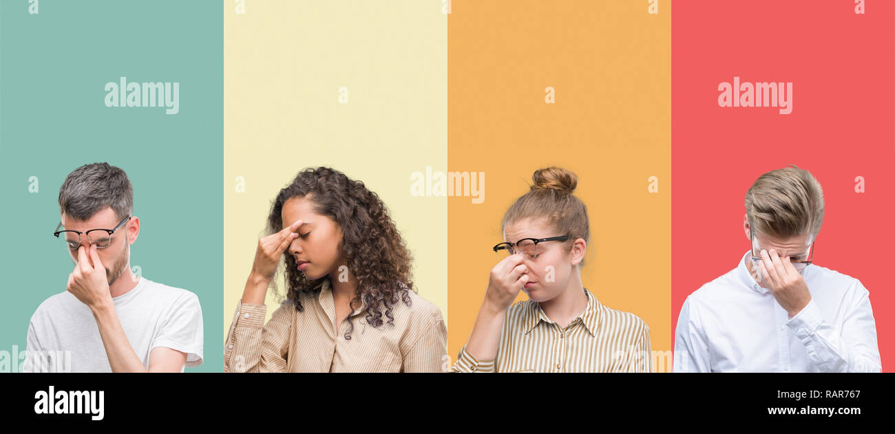 Collage of a group of people isolated over colorful background tired ...