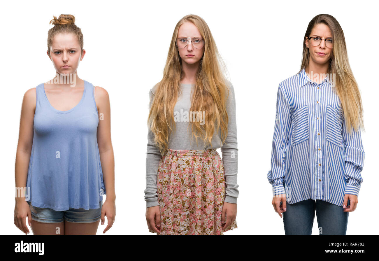 Collage of group of blonde women over isolated background skeptic and ...