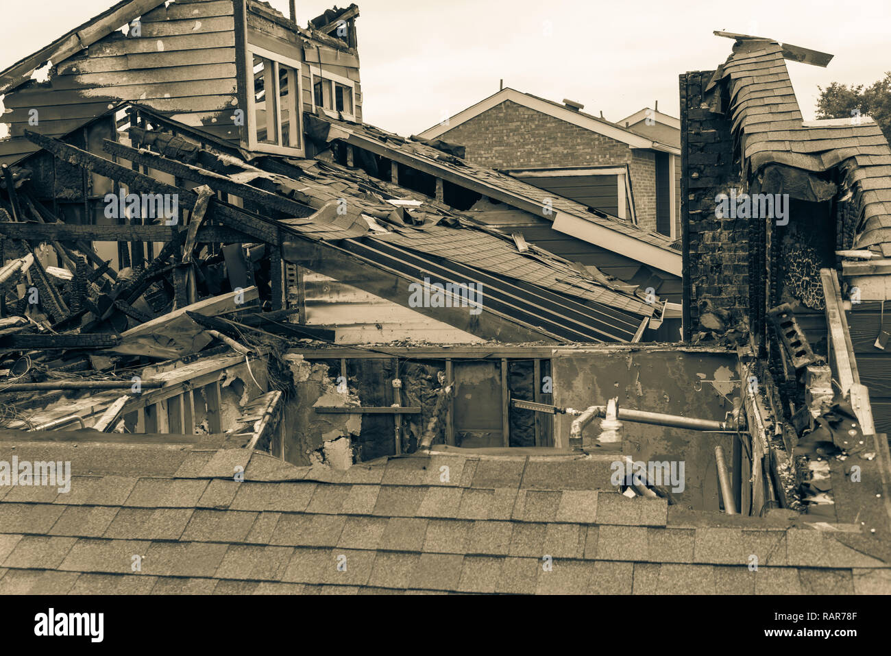 Filtered image damaged apartment building after burned by fire i Stock ...