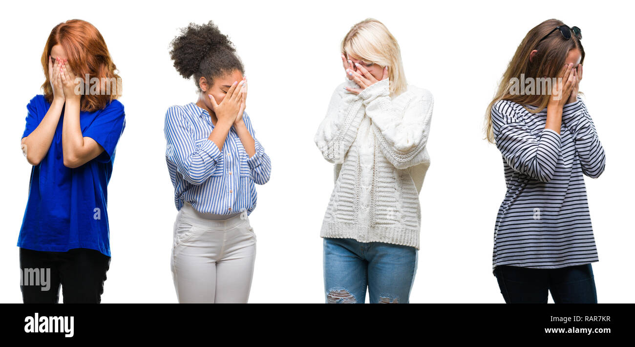 Collage of group of beautiful casual woman over isolated background ...