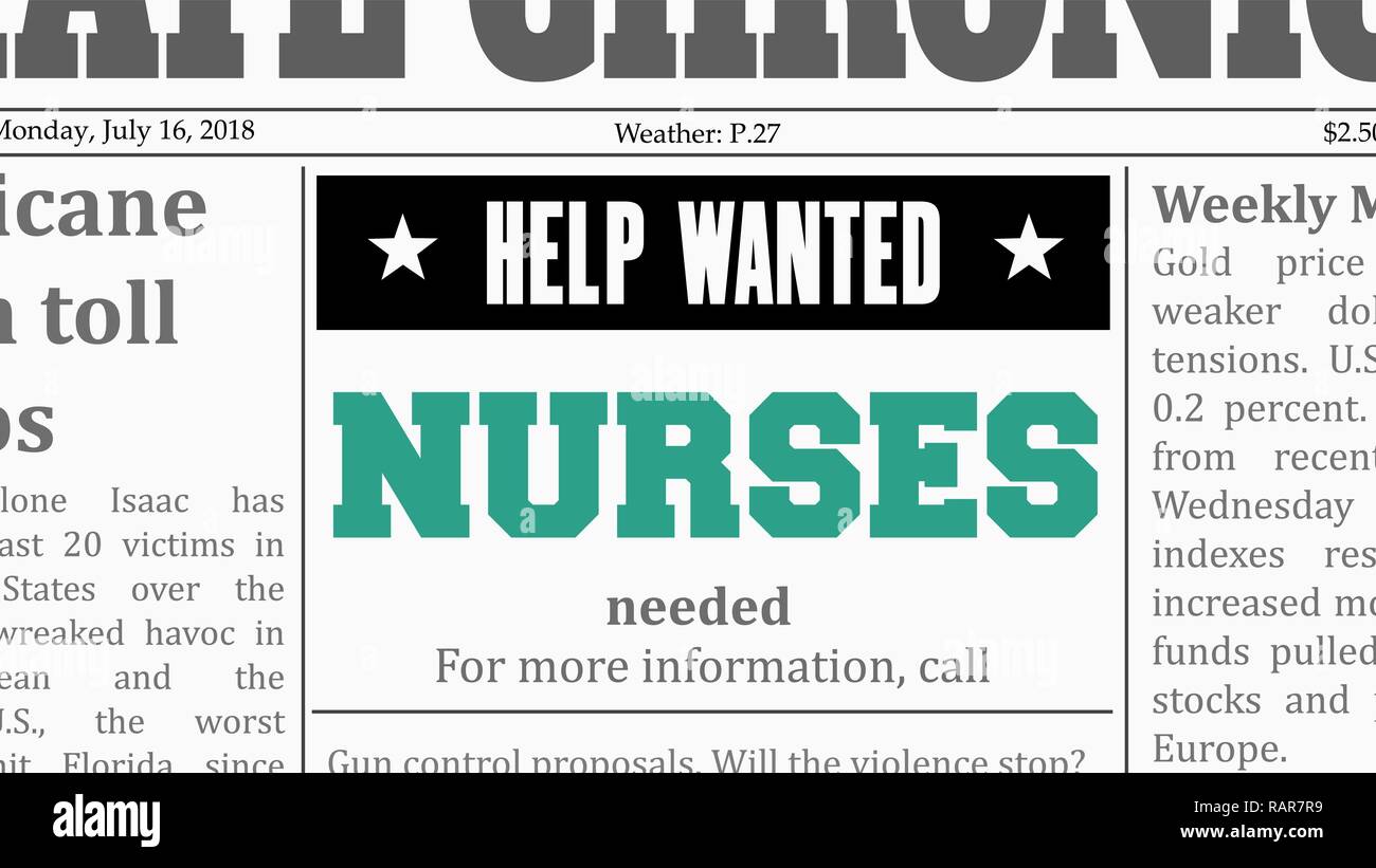 Nurses job offer. Newspaper classified ad in fake generic newspaper ...
