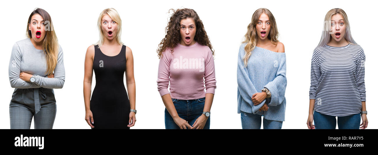 Collage of young beautiful women over isolated background afraid and ...