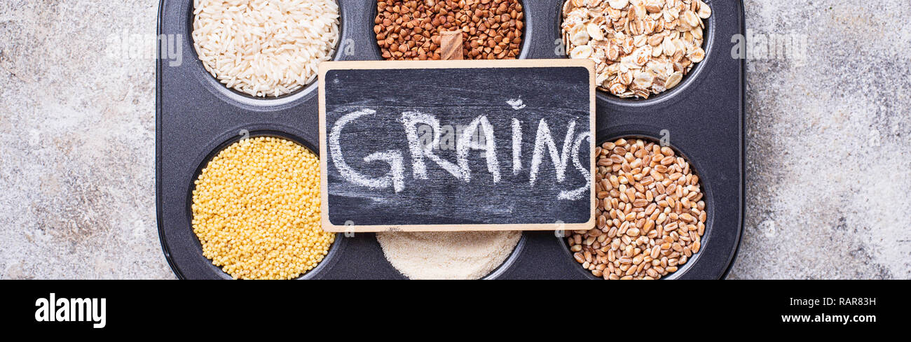 Different type of groats: rice, semolina, wheat, oat, buckwheat. Top ...