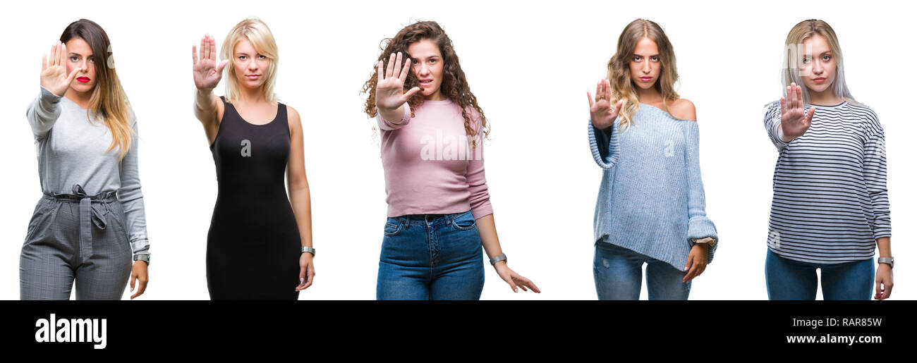 Collage of young beautiful women over isolated background doing stop ...