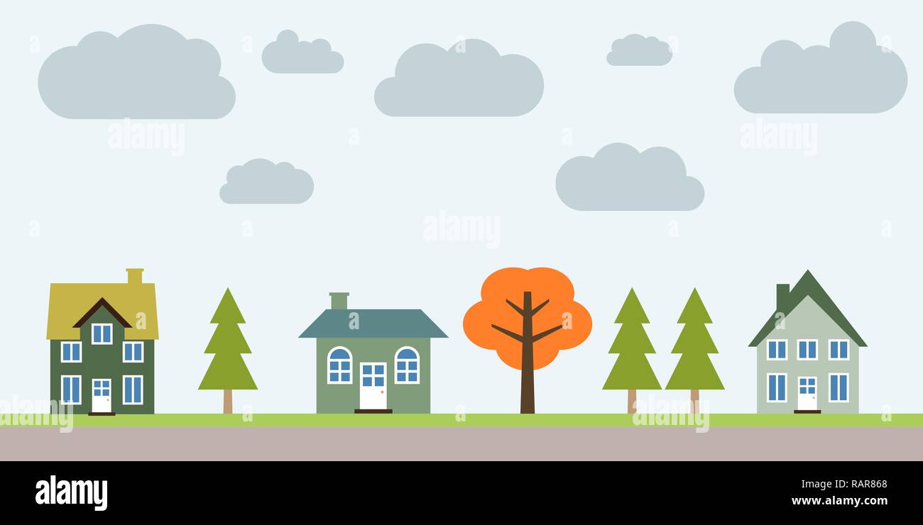 Small town life - cute village vector illustration. Residential suburb ...