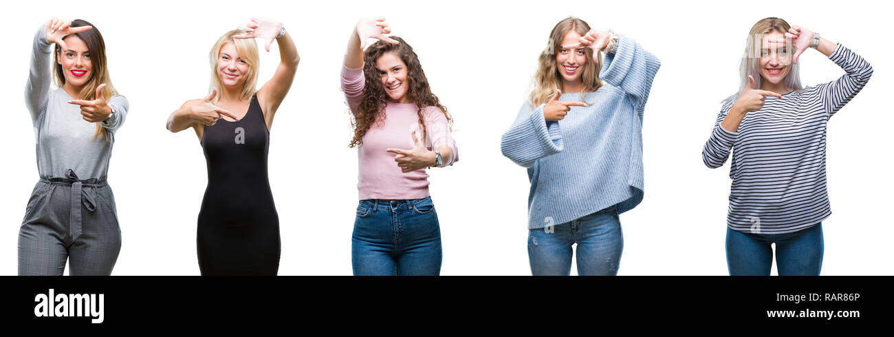 Collage of young beautiful women over isolated background smiling ...