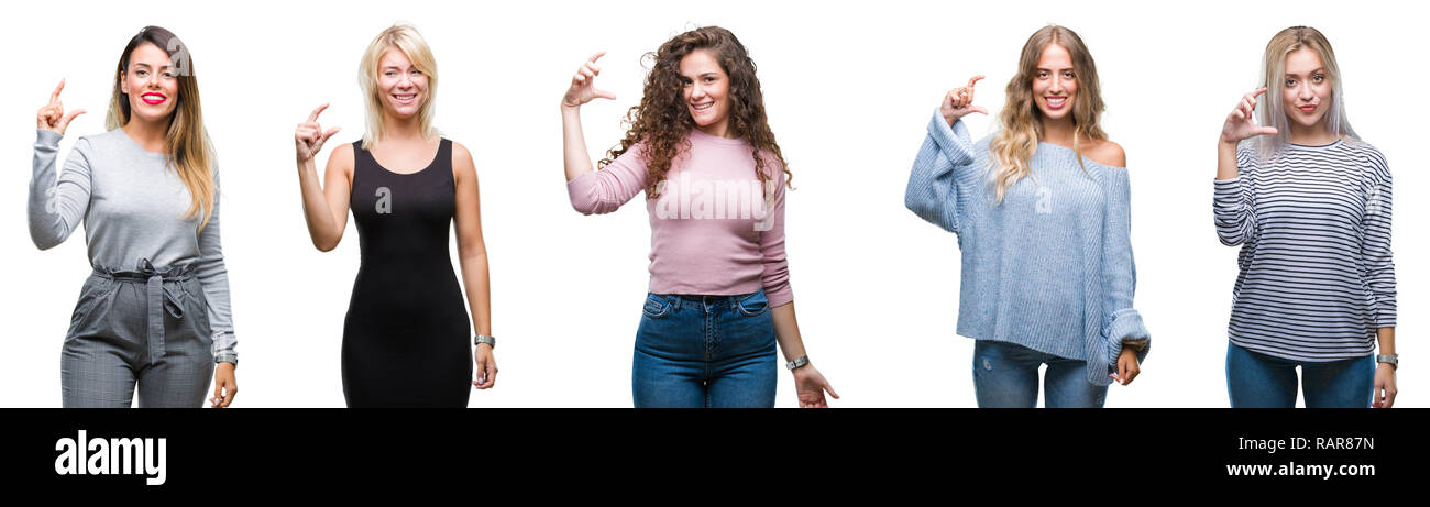 Collage of young beautiful women over isolated background smiling and ...