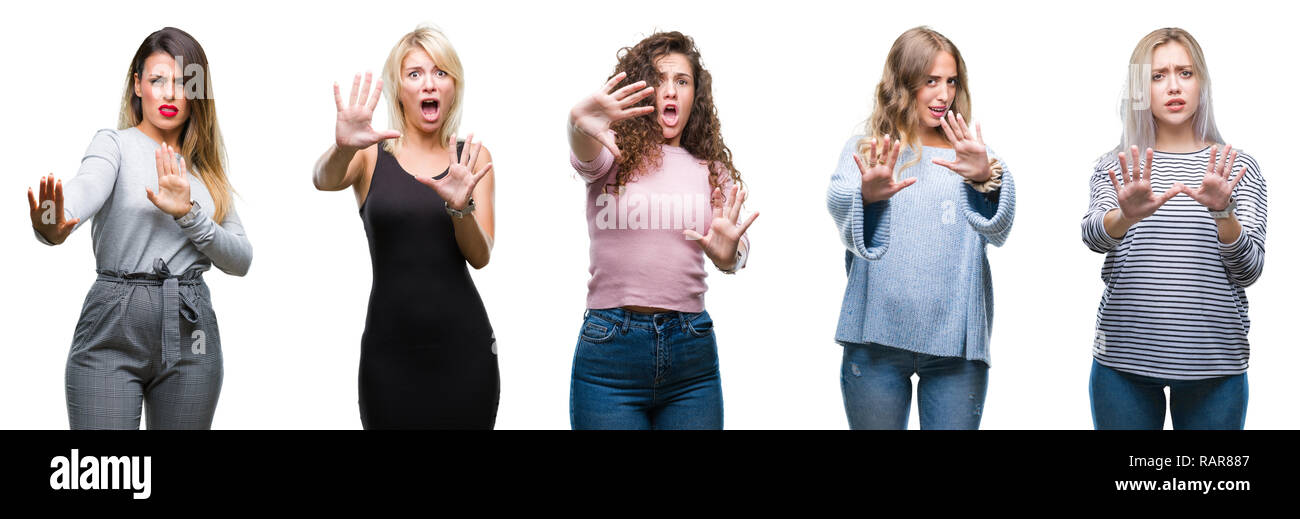 Collage of young beautiful women over isolated background afraid and ...