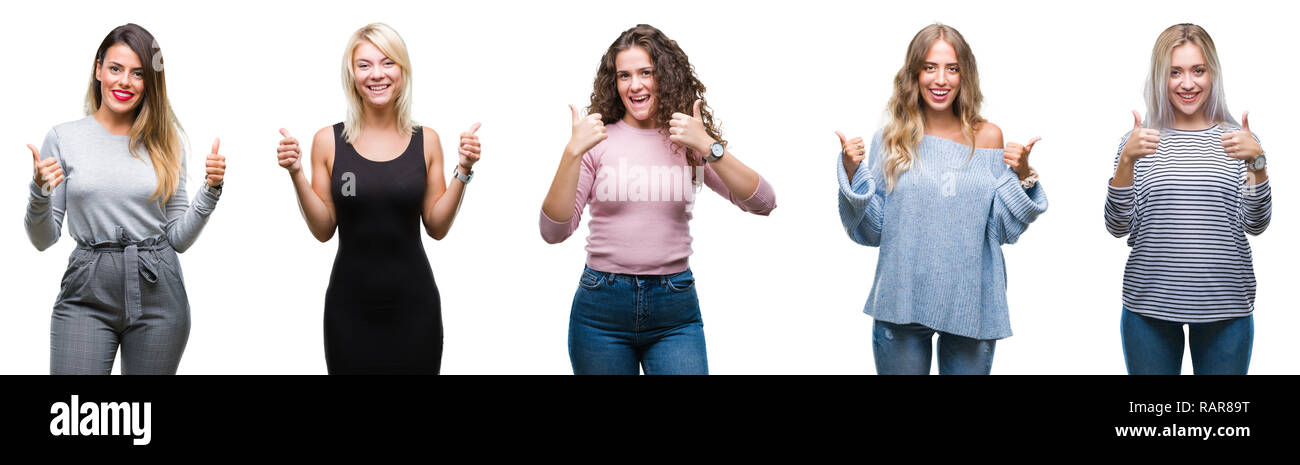 Collage of young beautiful women over isolated background success sign ...