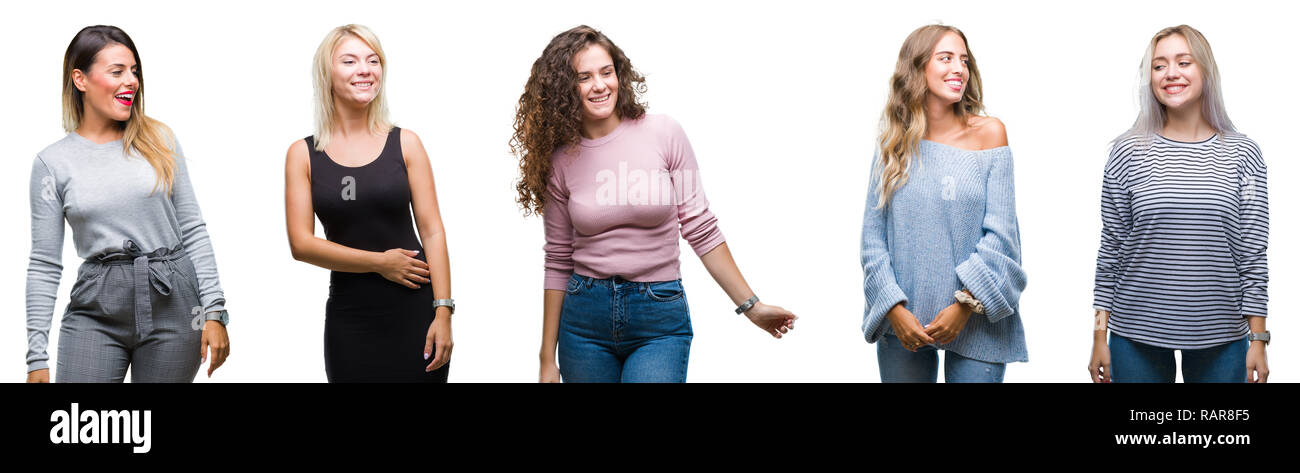 Collage of young beautiful women over isolated background looking away ...