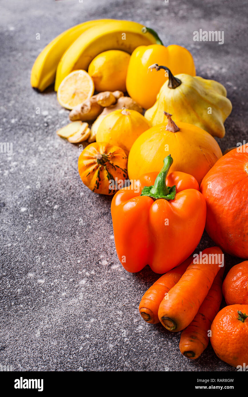 Assortment of yellow and orange fruits and vegetables Stock Photo - Alamy