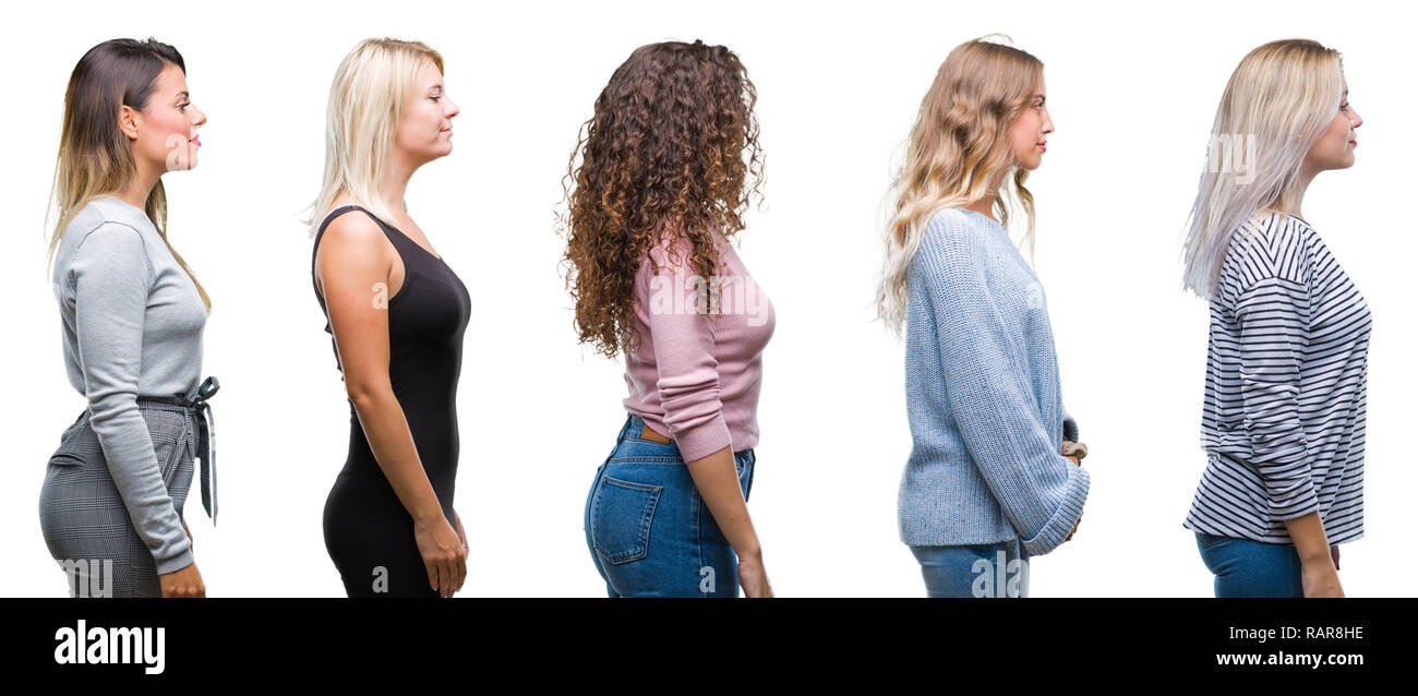 Collage of young beautiful women over isolated background looking to ...