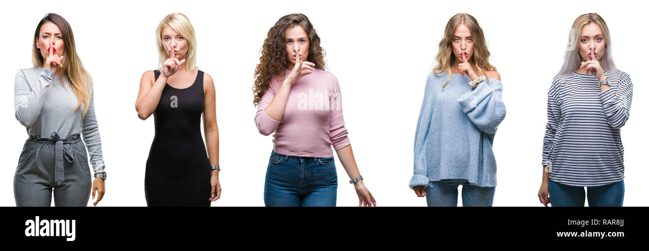 Collage of young beautiful women over isolated background asking to be ...