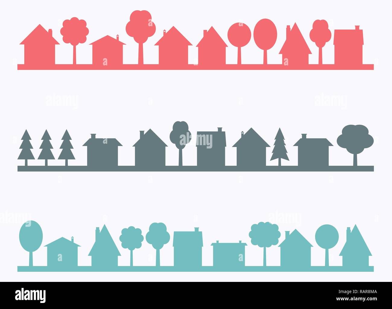 Small town vector silhouettes with blank copy space. Village ...