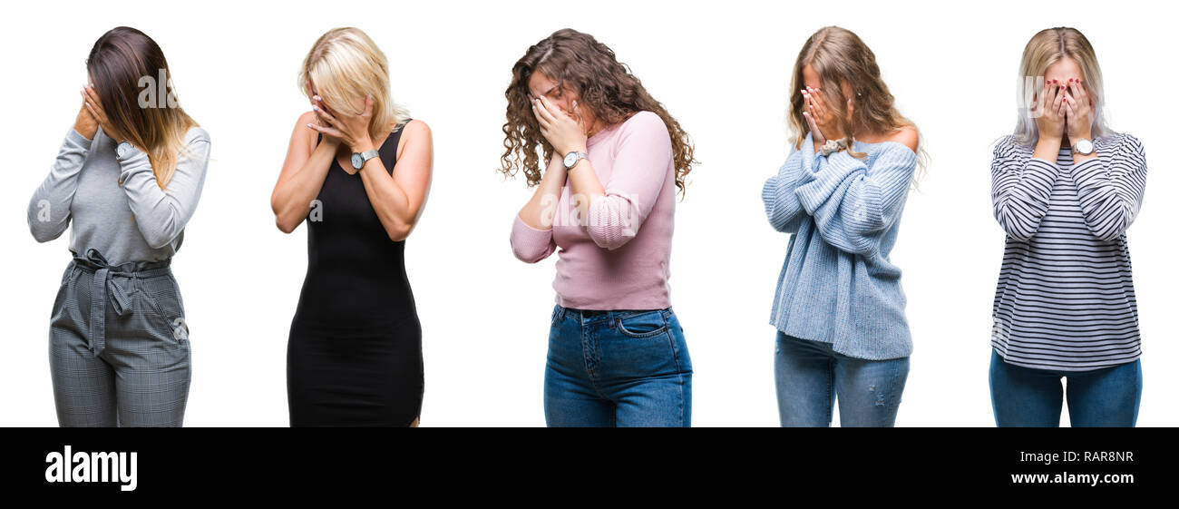 Collage of young beautiful women over isolated background with sad ...