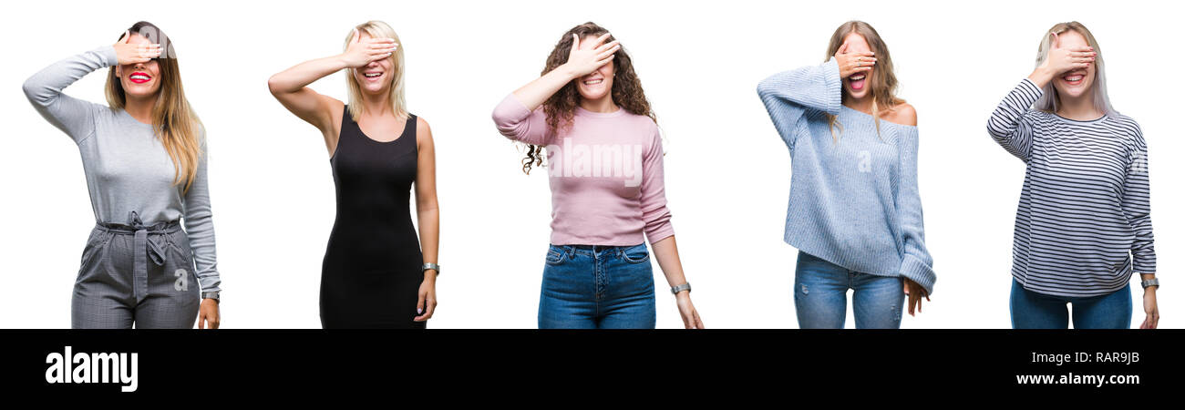 Collage of young beautiful women over isolated background smiling and ...