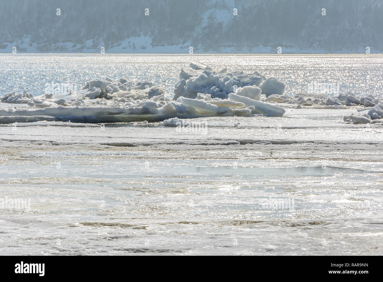 Huge chunks of ice on the river during the ice drift Stock Photo - Alamy