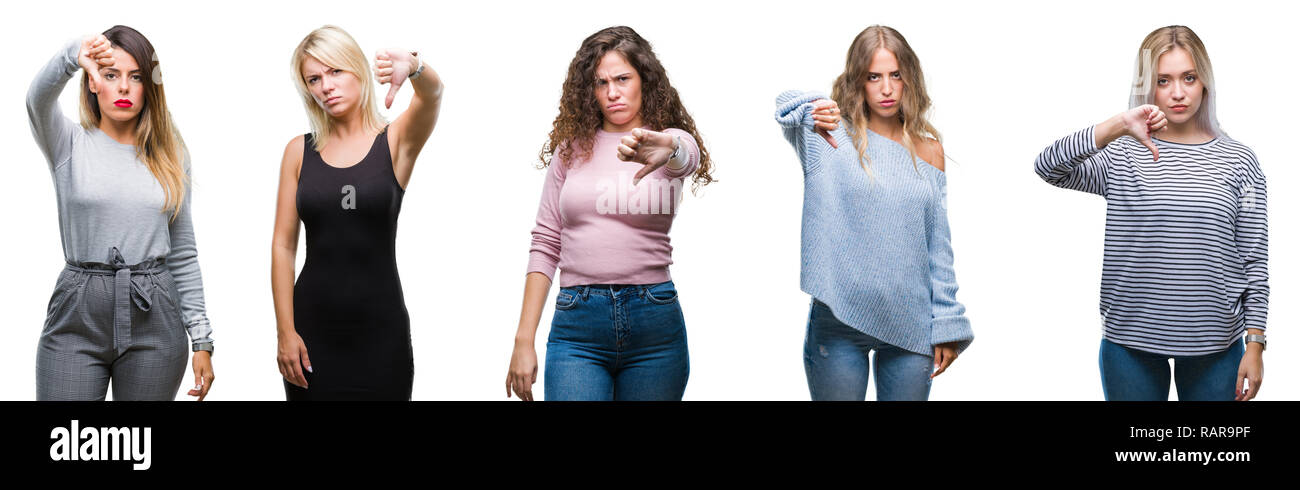 Collage of young beautiful women over isolated background looking ...