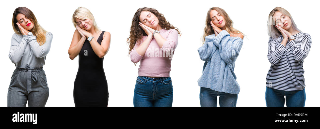 Collage of young beautiful women over isolated background sleeping ...