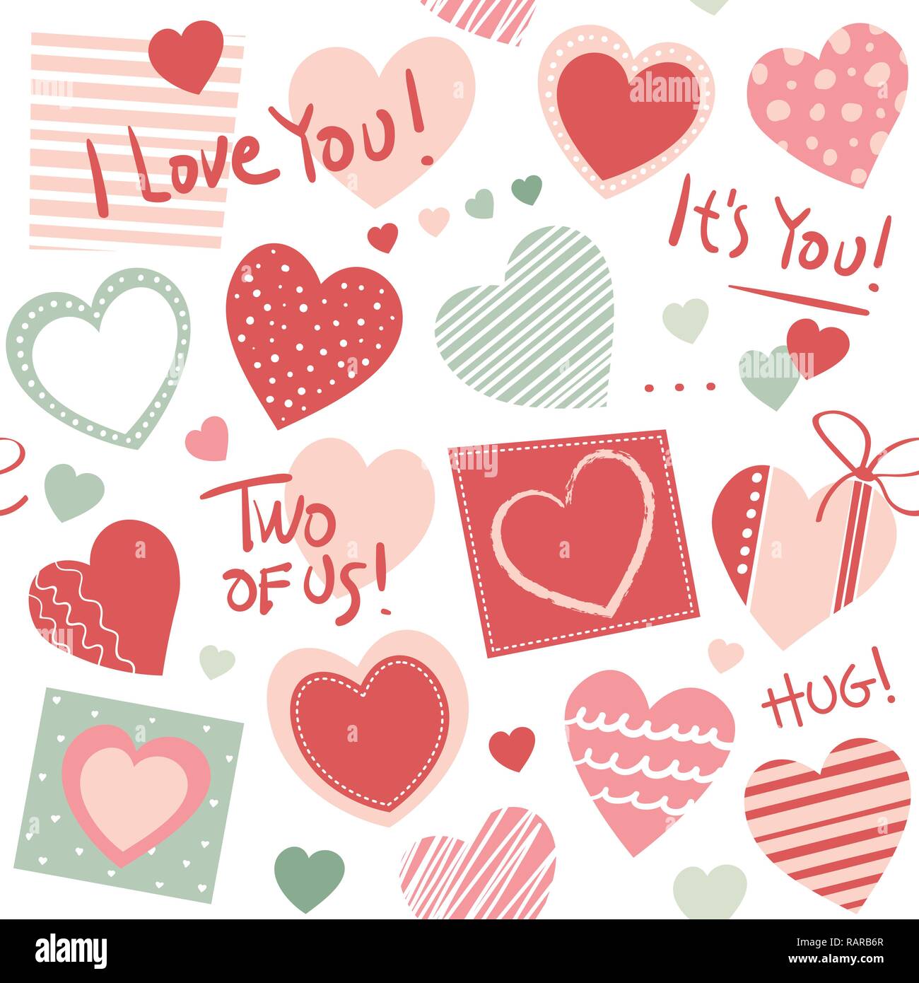 Red, pink and green hearts collection seamless pattern, with hand ...