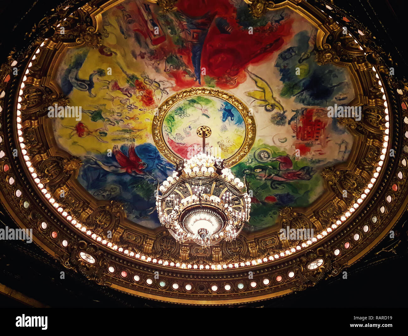 Beautiful painted ceiling inside Palais Opera Garnier auditorium ...