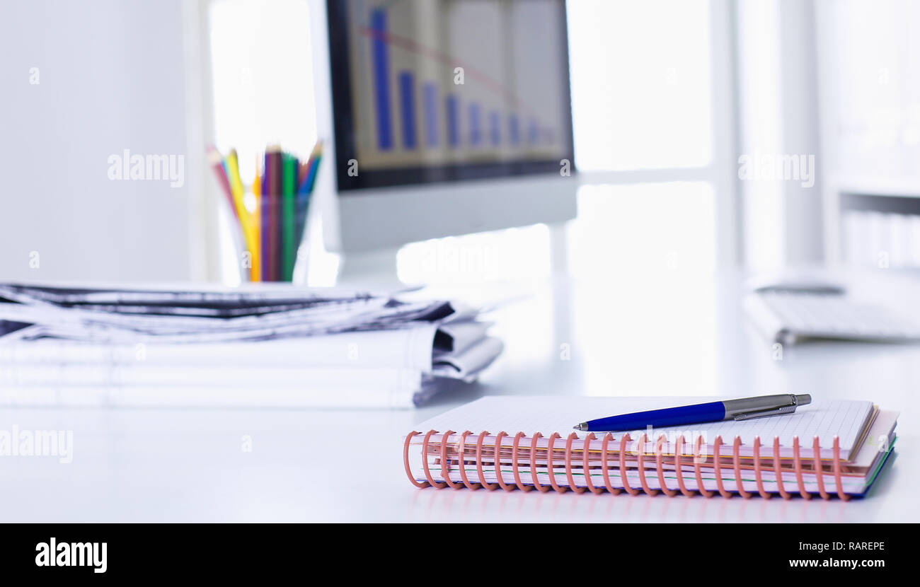 Workspace desktop, documents on the office table Stock Photo - Alamy