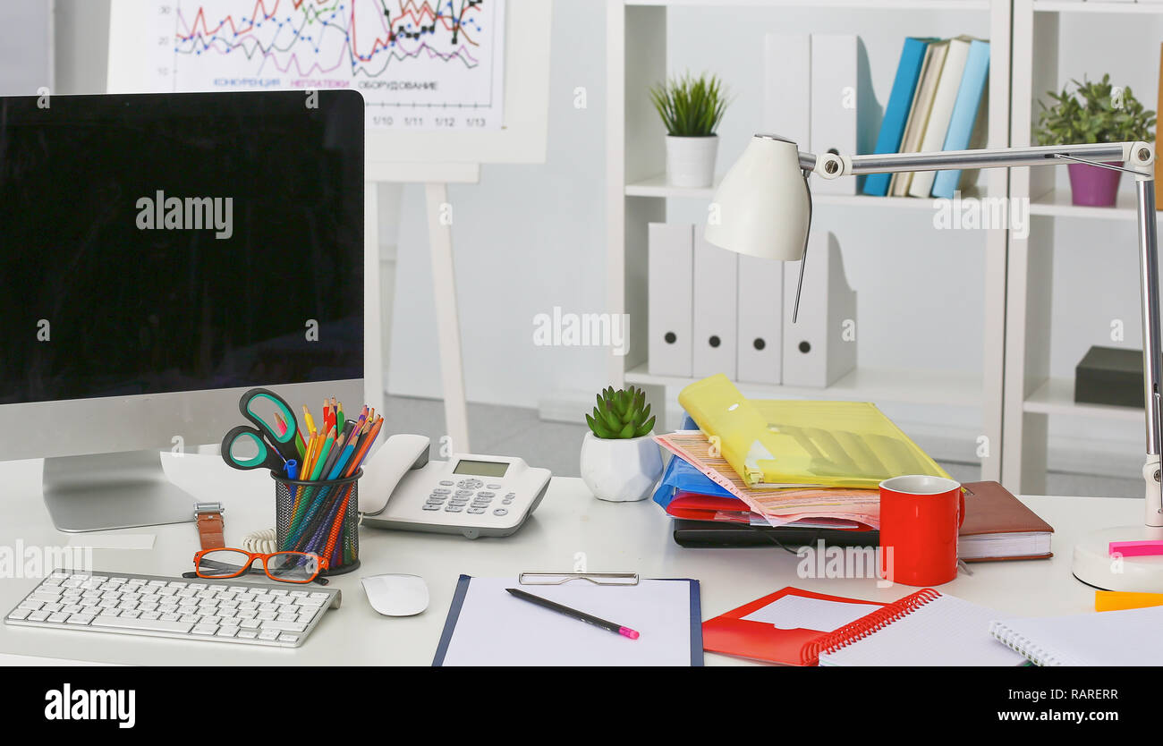 Workspace desktop, documents on the office table Stock Photo - Alamy