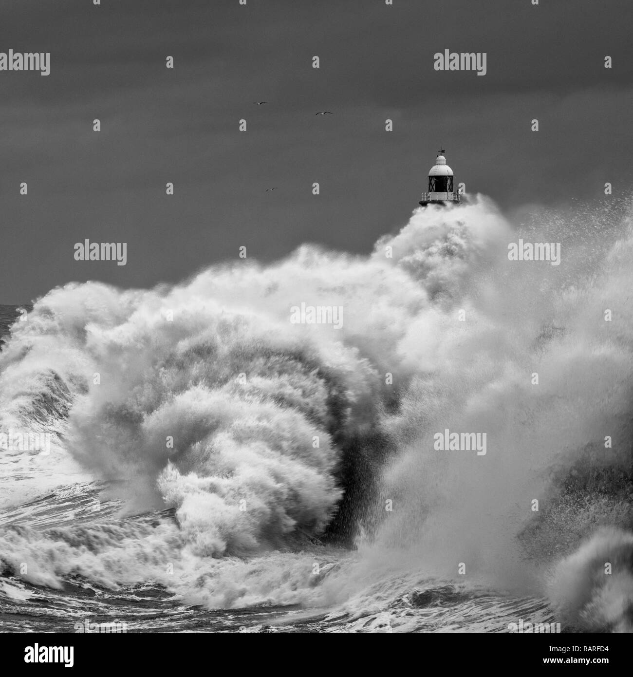 Waves crashing over Tyne Mouth pier Stock Photo - Alamy