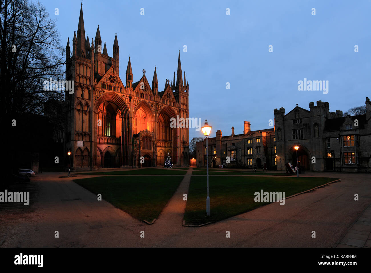 Night view over the West front elevation of Peterborough City Cathedral ...