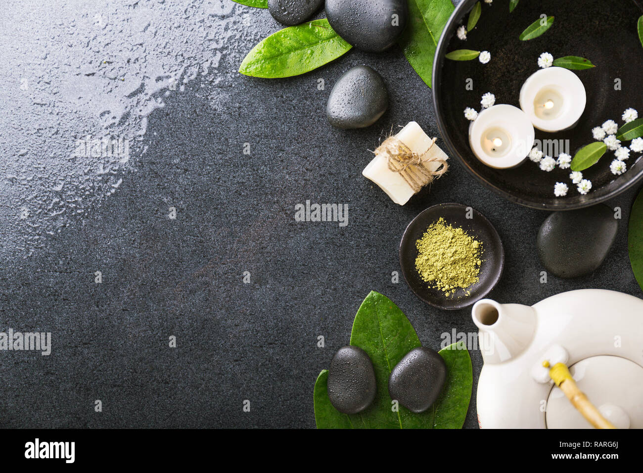 Spa Wellness Relax concept. Spa background with spa accessories on dark ...