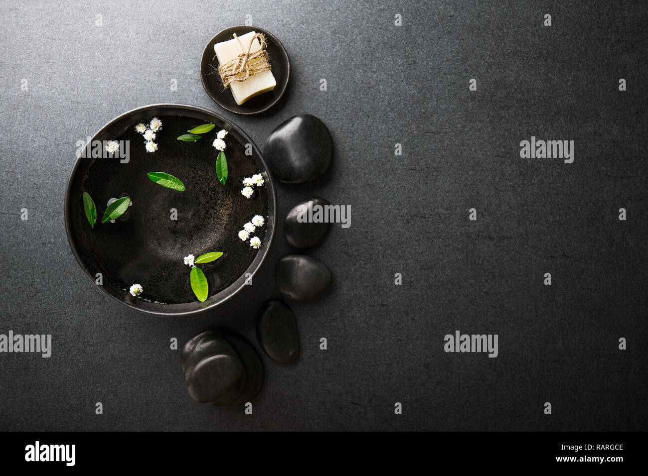 Spa Wellness Relax concept. Spa background with spa accessories on dark ...