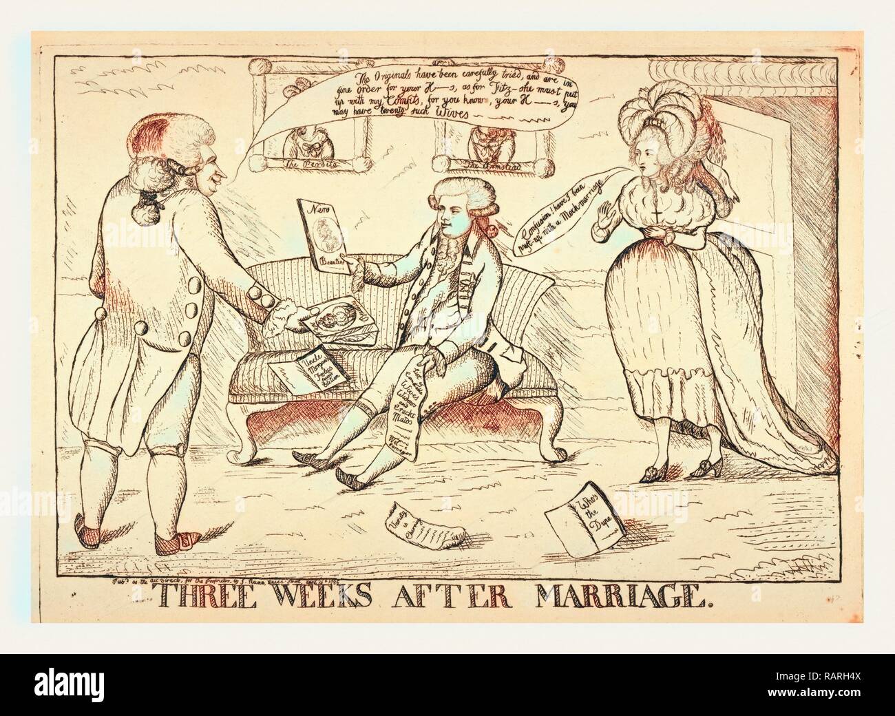 Three weeks after marriage, London, 1786, a man standing on the left ...