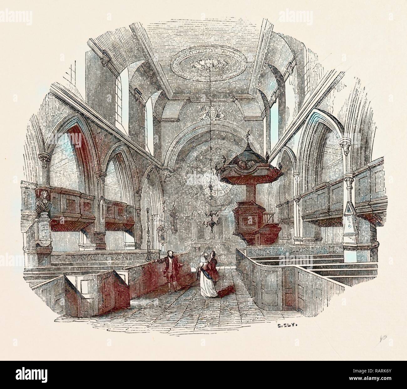 Chancel St. Giles, Cripplegate, London, England, engraving 19th century ...