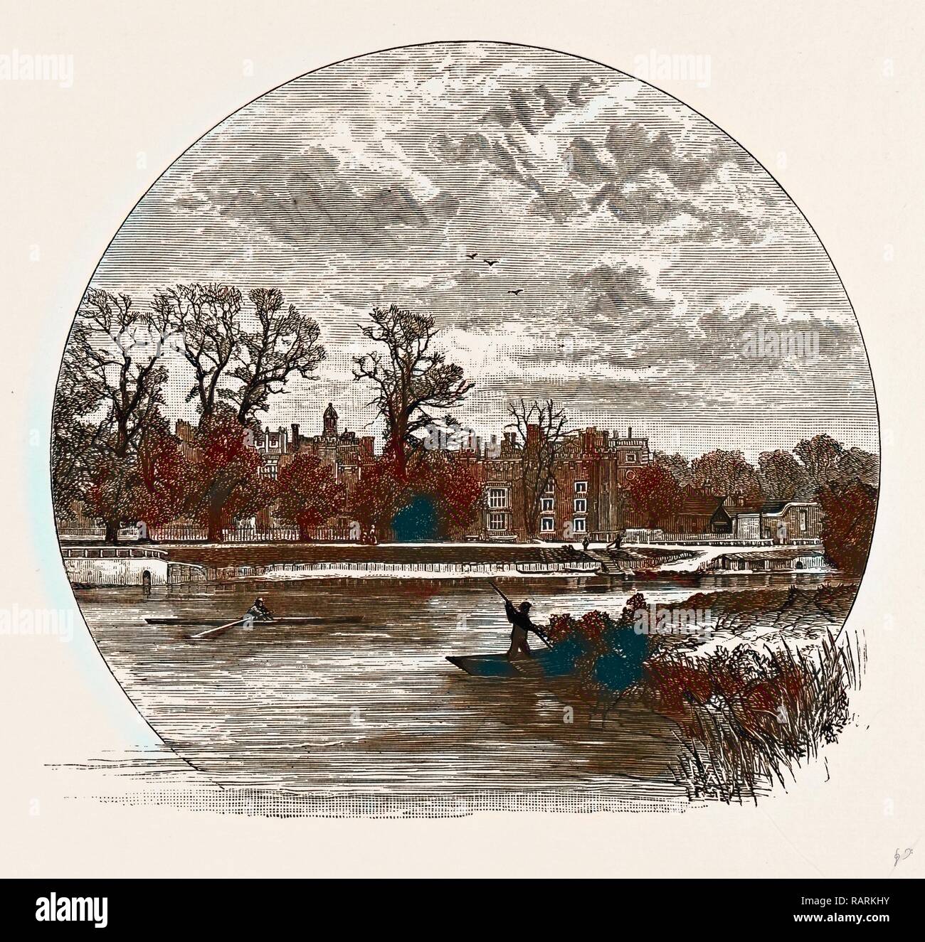 HAMPTON COURT, FROM THE RIVER, UK, engraving 1881 - 1884. Reimagined by ...