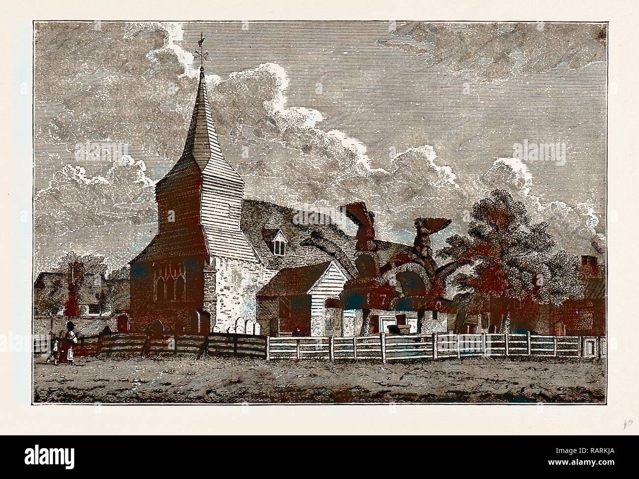 BEDFONT CHURCH, UK, engraving 1881 - 1884. Reimagined by Gibon. Classic ...