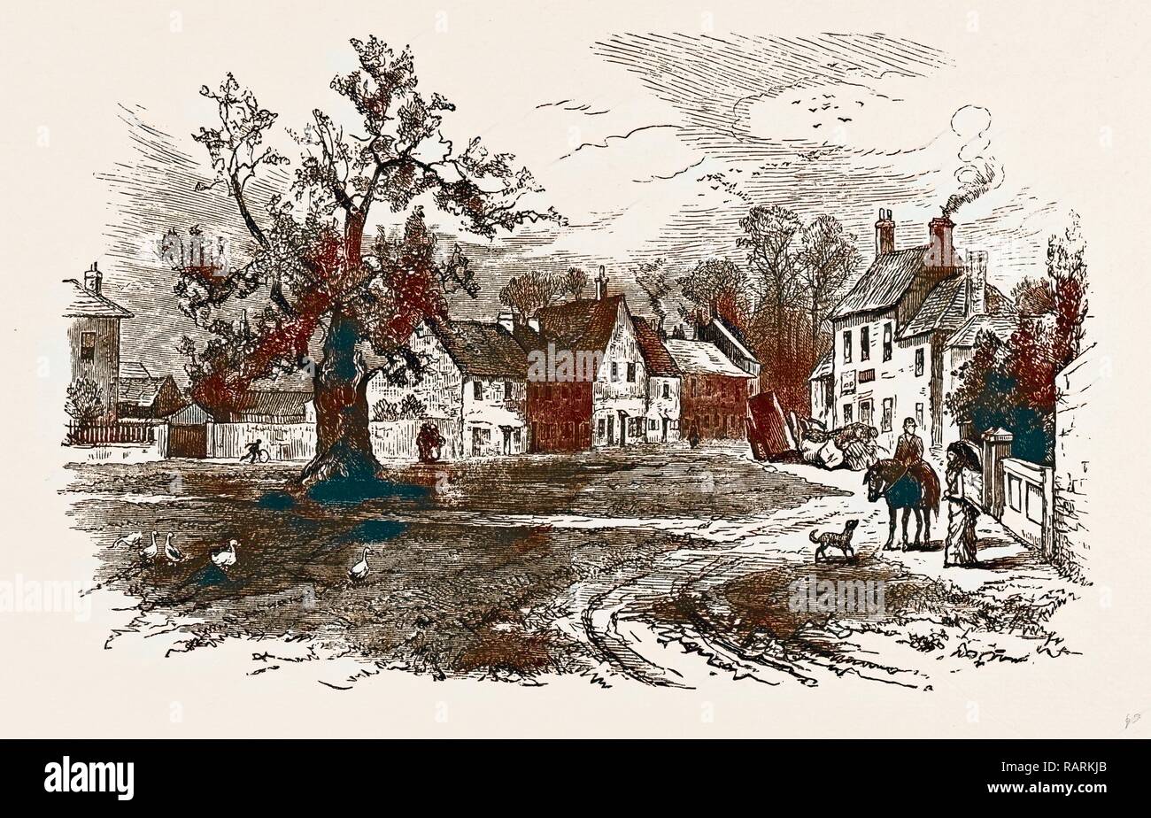Stanwell village Green, UK, engraving 1881 - 1884. Reimagined by Gibon ...