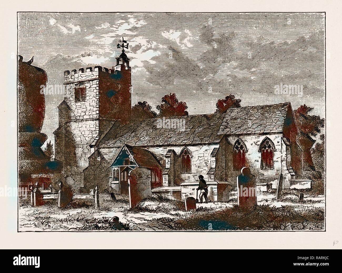 HARLINGTON CHURCH, UK, engraving 1881 - 1884. Reimagined by Gibon ...