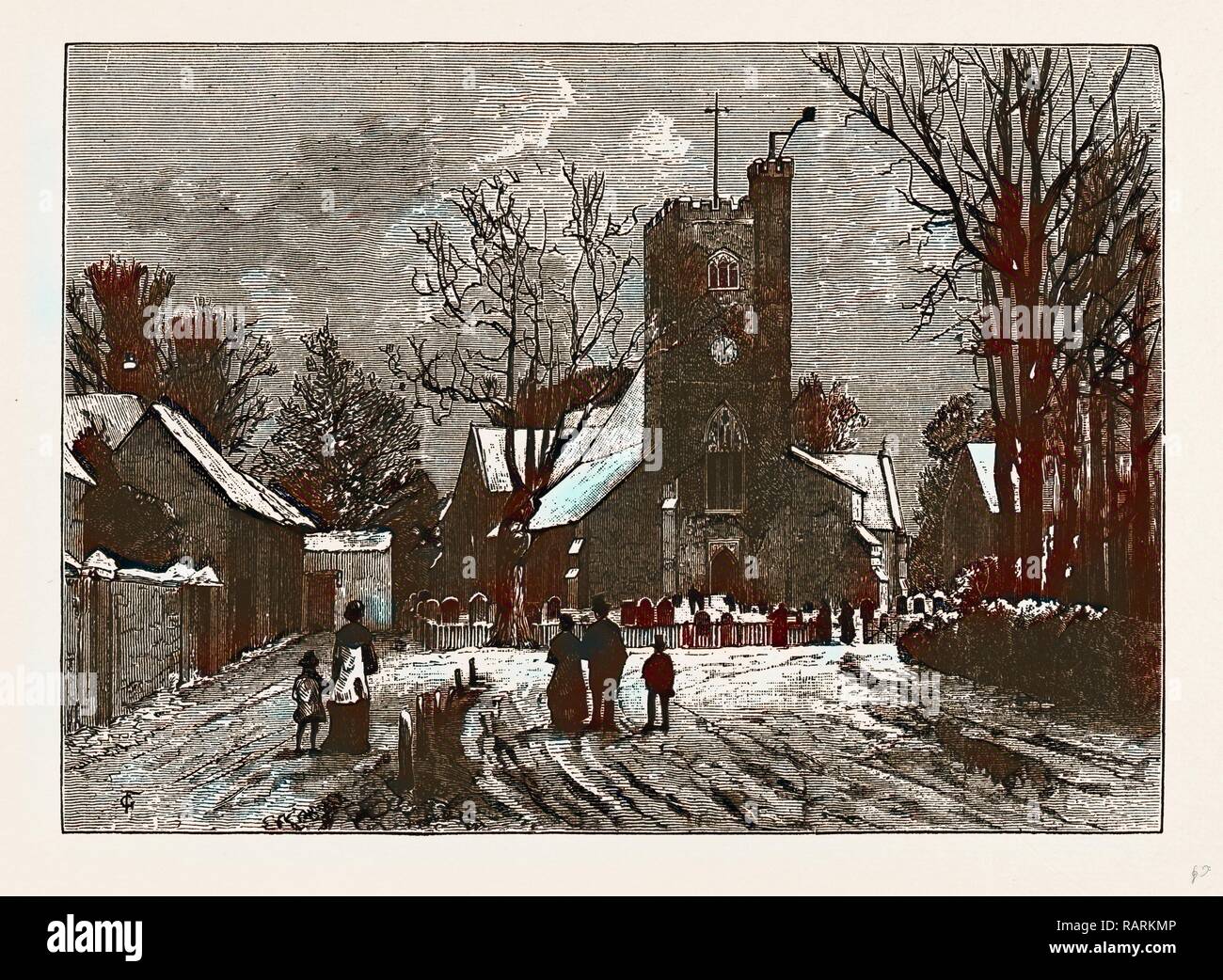 HADLEY CHURCH, UK, engraving 1881 - 1884. Reimagined by Gibon. Classic ...