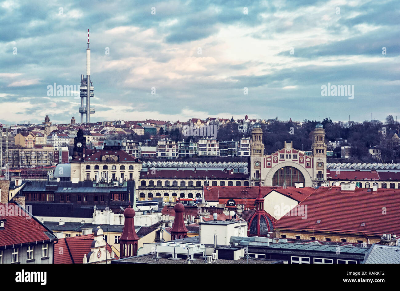 Zizkov television tower and historic building of central railway ...