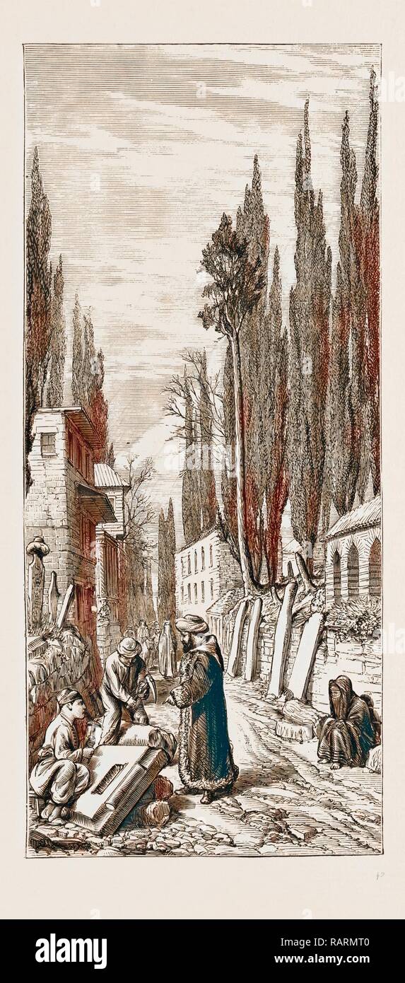 MAKING TOMBSTONES AT THE ENTRANCE TO THE TURKISH CEMETERY AT SCUTARI ...