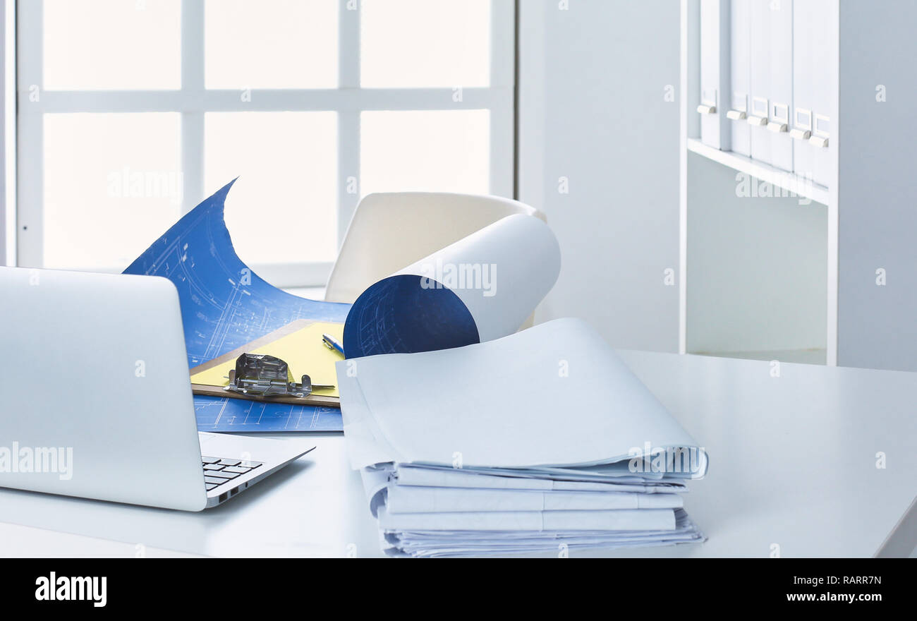 Workspace desktop, documents on the office table Stock Photo - Alamy