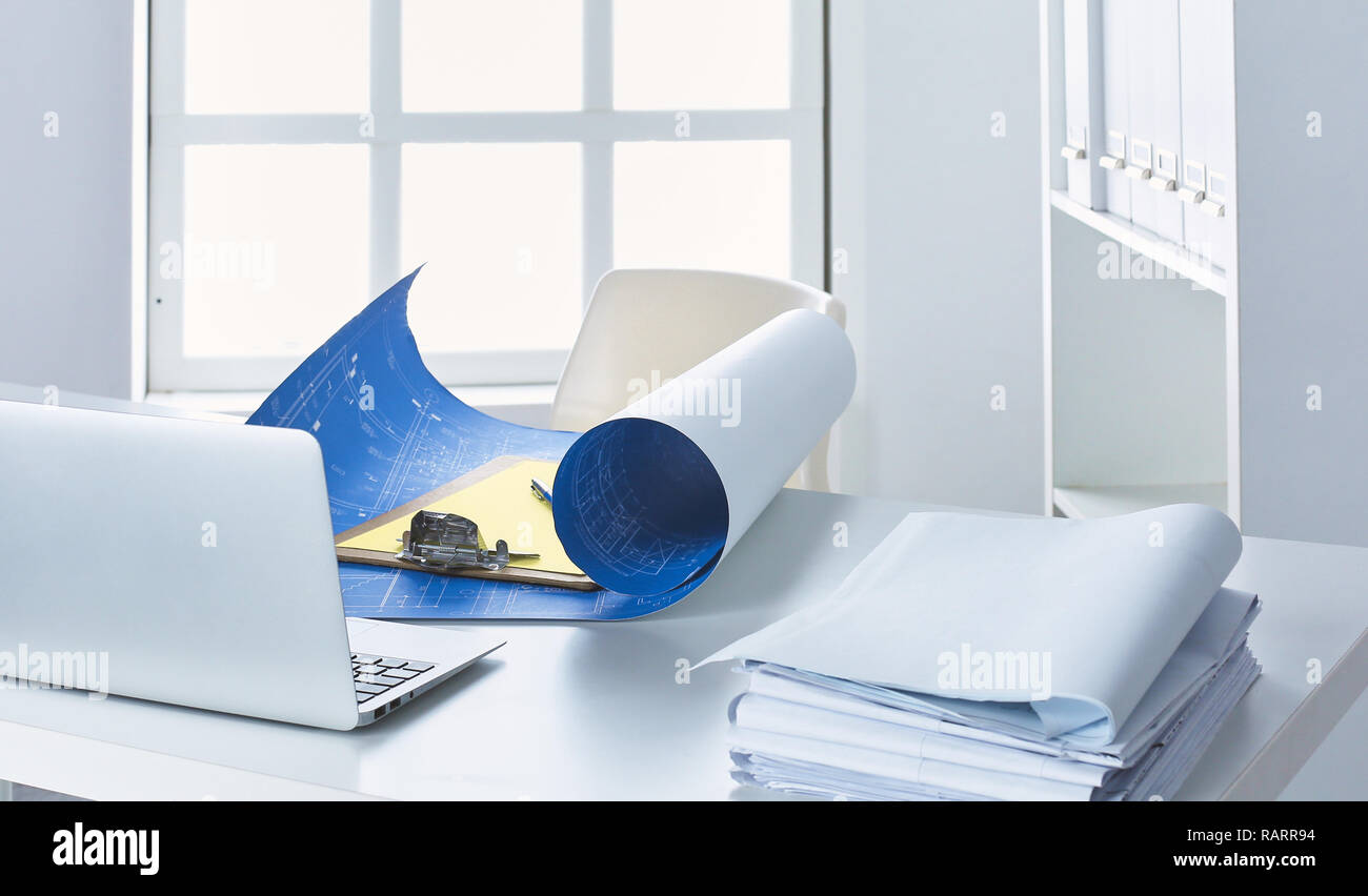 Workspace desktop, documents on the office table Stock Photo - Alamy